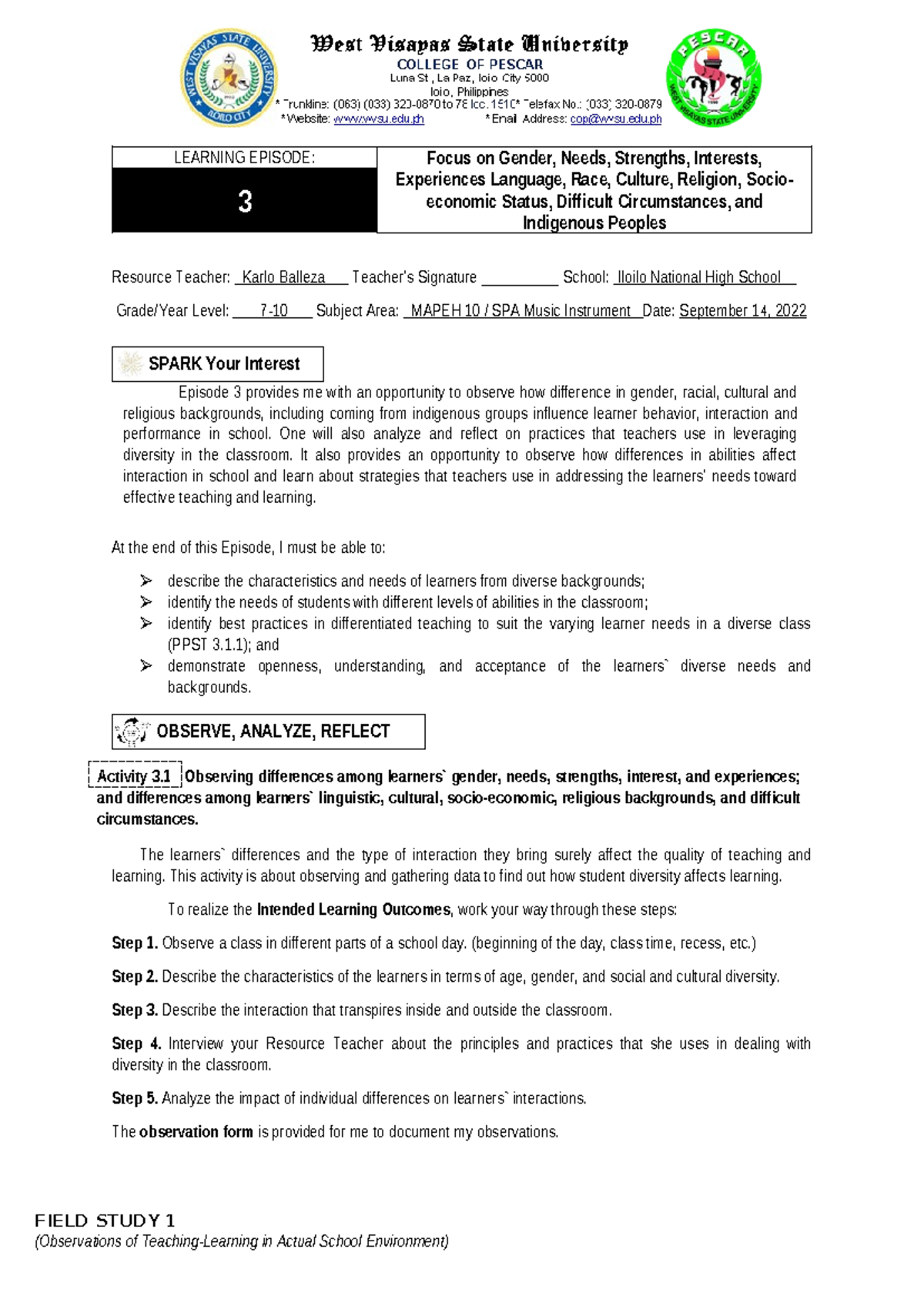 FS1 - Episode 3: Observing Diversity in Learner Characteristics and Needs - Studocu