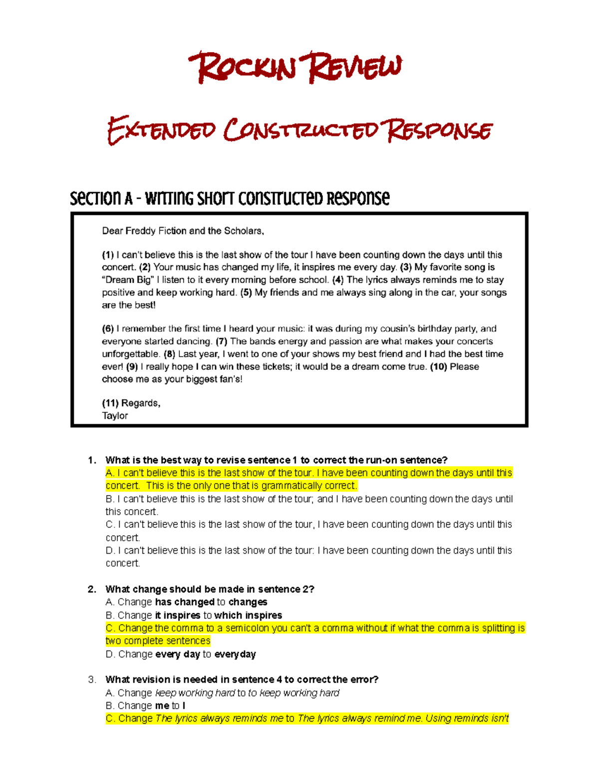 Rockin Review Extended Constructed Response: Writing Revision ...