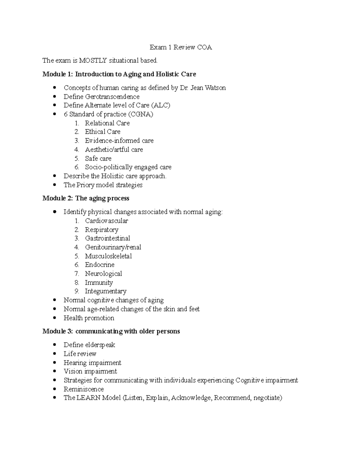 Exam 1 Review COA - Key Concepts and Hints for Aging Care - Studocu