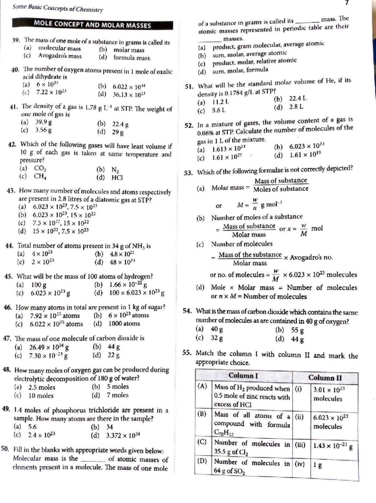MCQ on Mole Concept & Percentage Composition for Chemistry 101 - Studocu