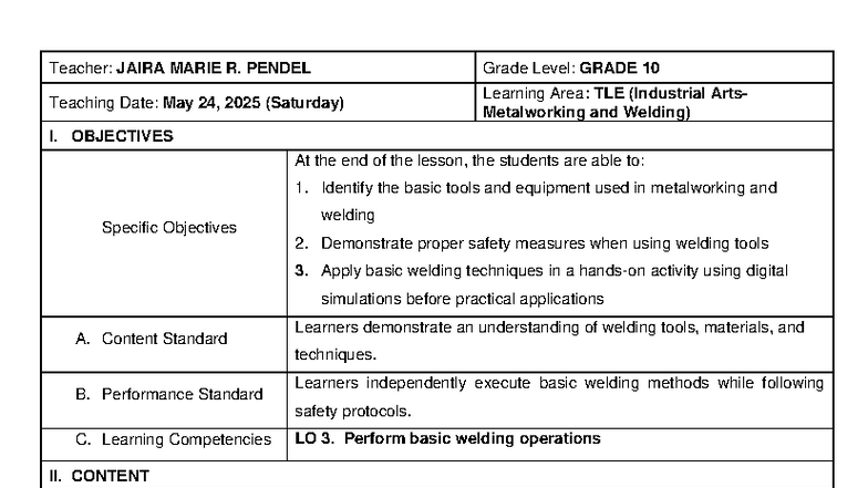 TLE G10 Lesson Plan: Intro to Metalworking & Welding Techniques - Studocu
