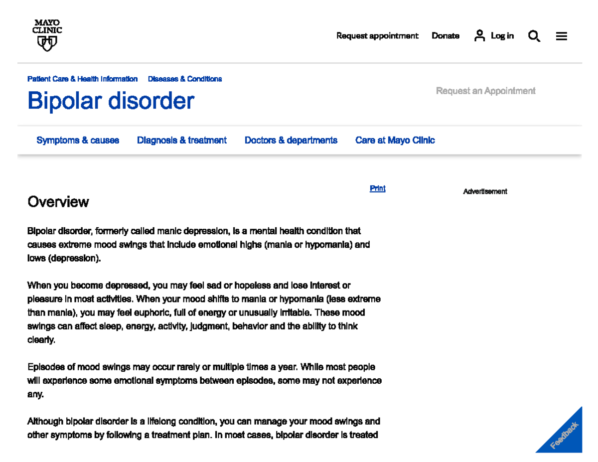 Bipolar Disorder Overview and Treatment - Mayo Clinic - Studocu