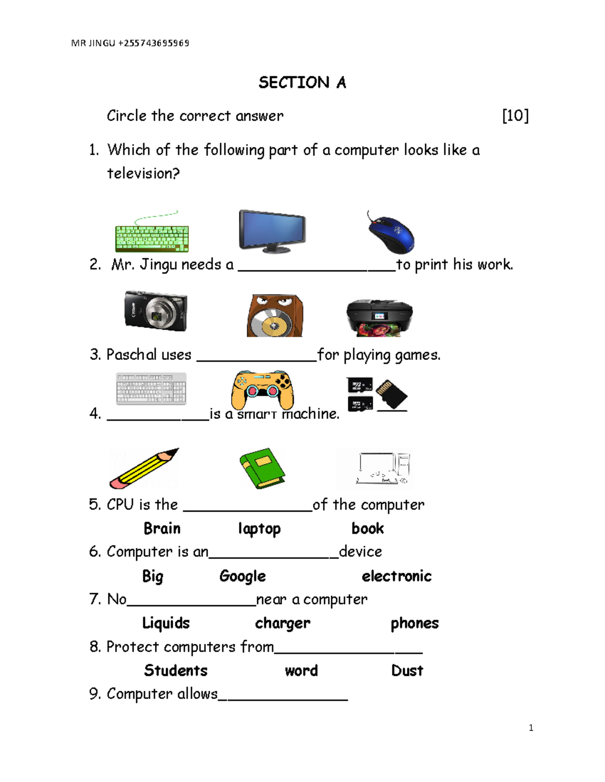 Grade 1 ICT Exam 2022 - JINGU - SECTION A Circle the correct answer [10 ...