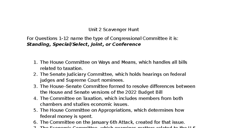 Unit 2 Congressional Committees & Powers Scavenger Hunt - Studocu