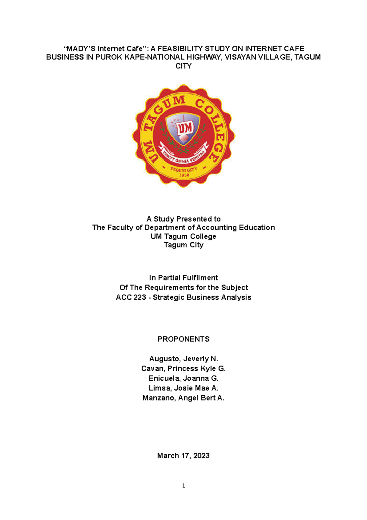 Feasibility Study on "MADY'S Internet Cafe" - ACC 223 Analysis - Studocu