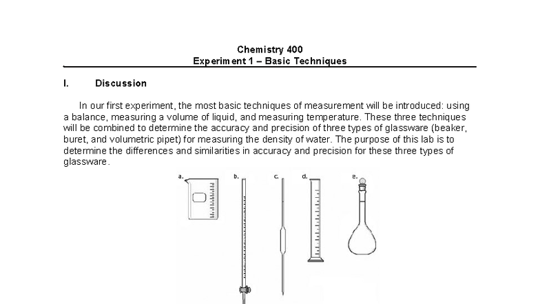 Chemistry 400 Lab 1: Basic Techniques in Measurement - Studocu