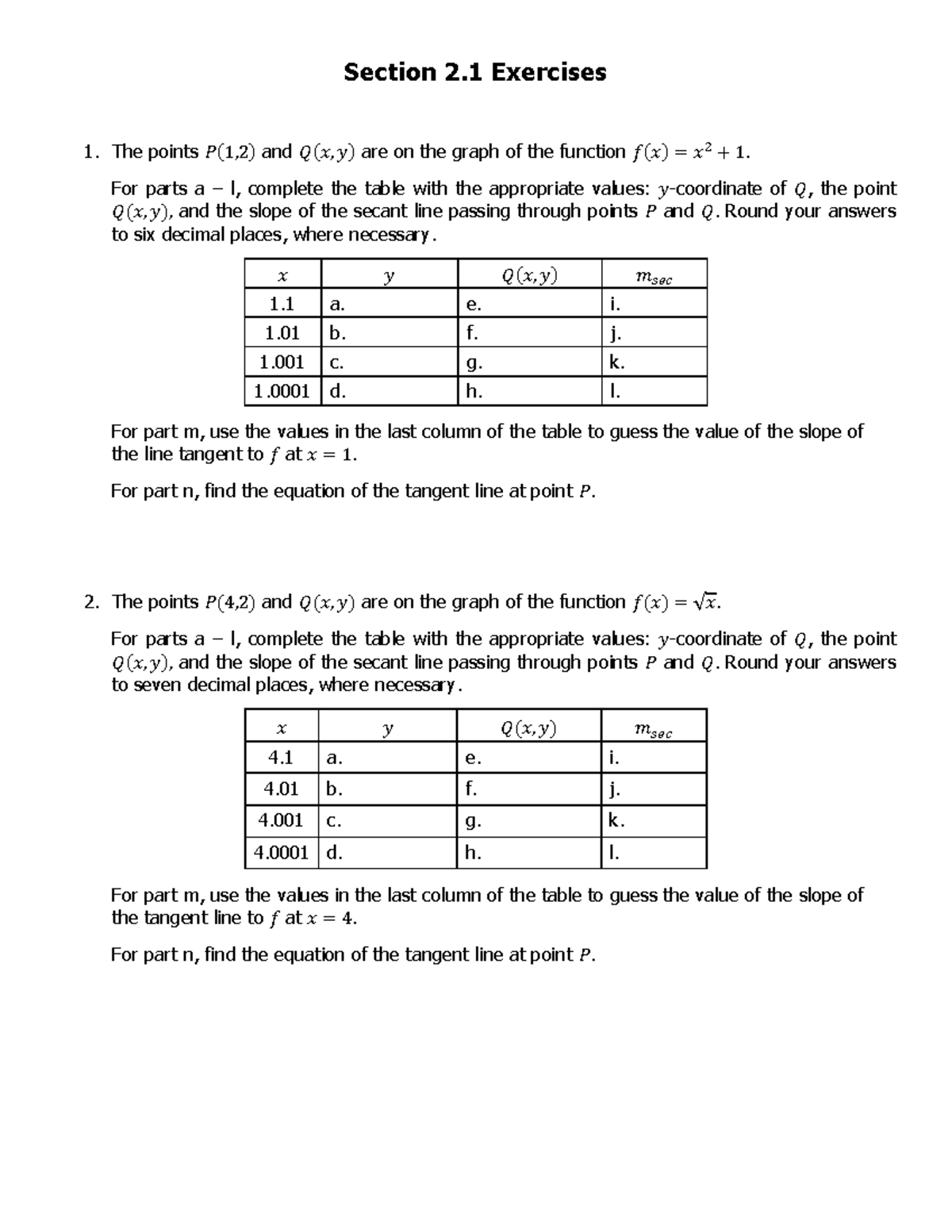 Calculus Exercises and Solutions: Secant and Tangent Lines Analysis ...
