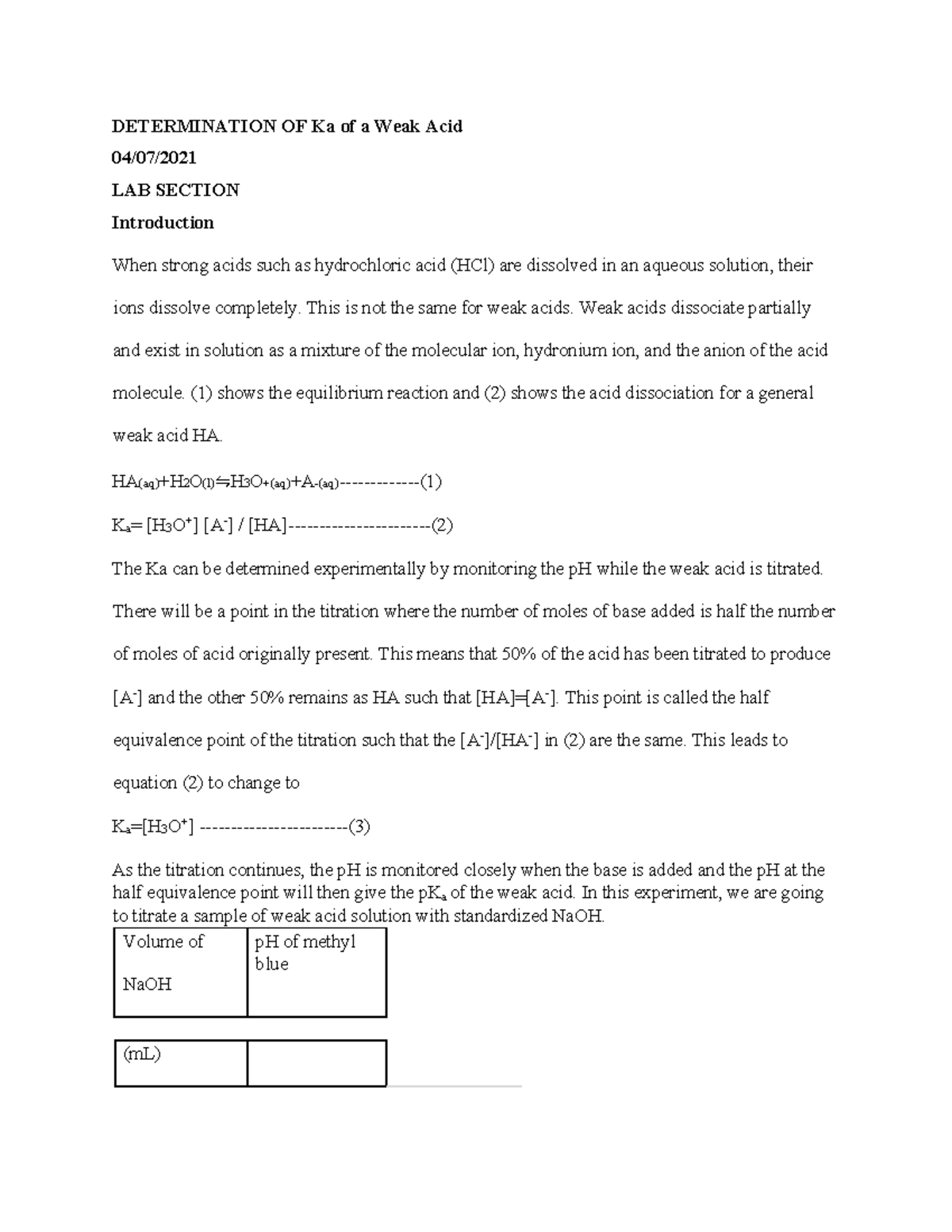 Determination of Ka for a Weak Acid - Lab Report (Chem 101) - Studocu