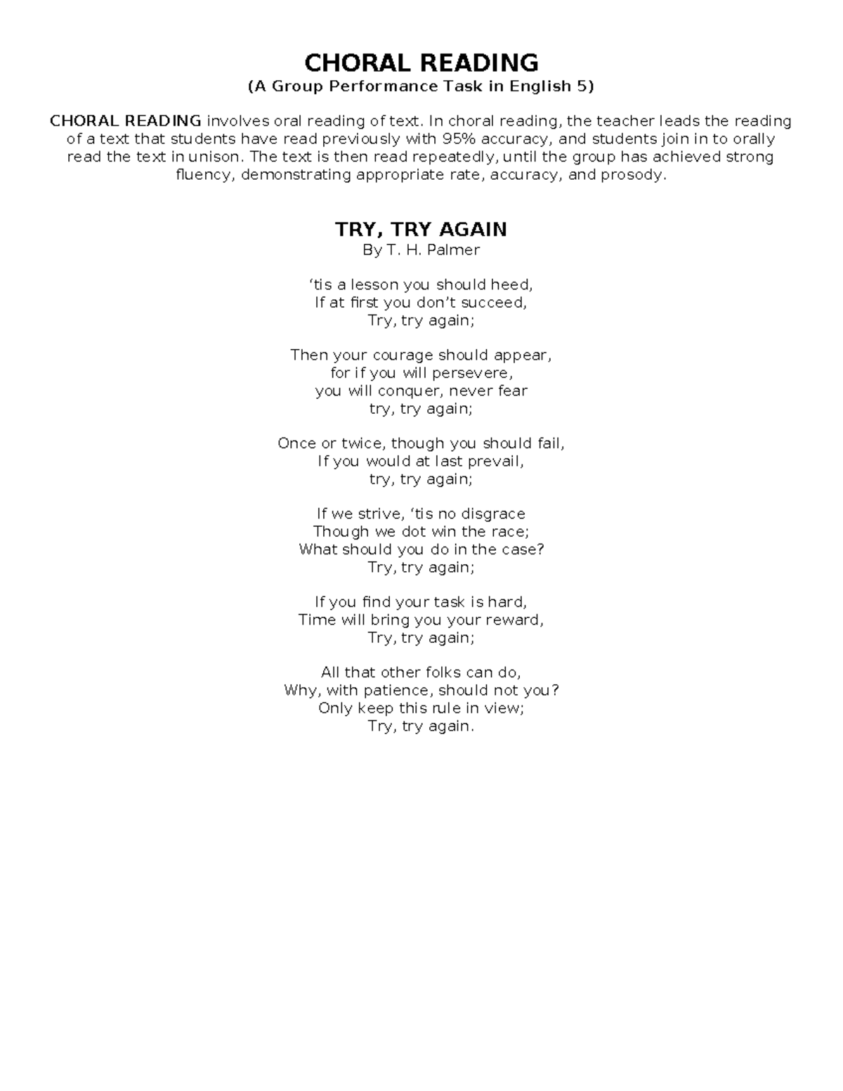 Choral Reading Performance Task for English 5: Sample Texts and ...