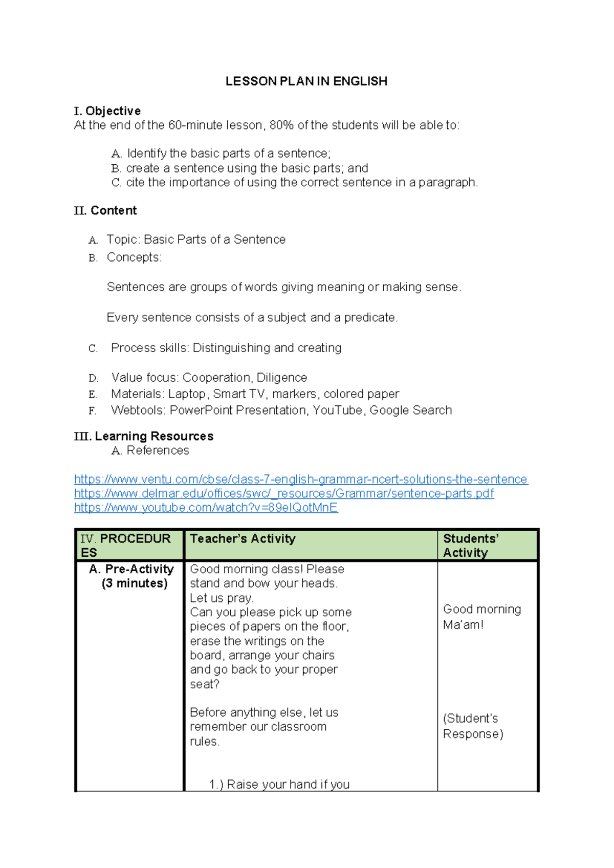 Basic Parts of a Sentence - Lesson Plan DLP BSED-ENGLISH 3A - Studocu