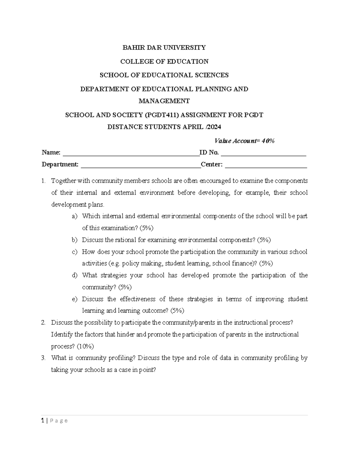 PGDT 411 School and Society Assignment for Distance Students 2024 - Studocu