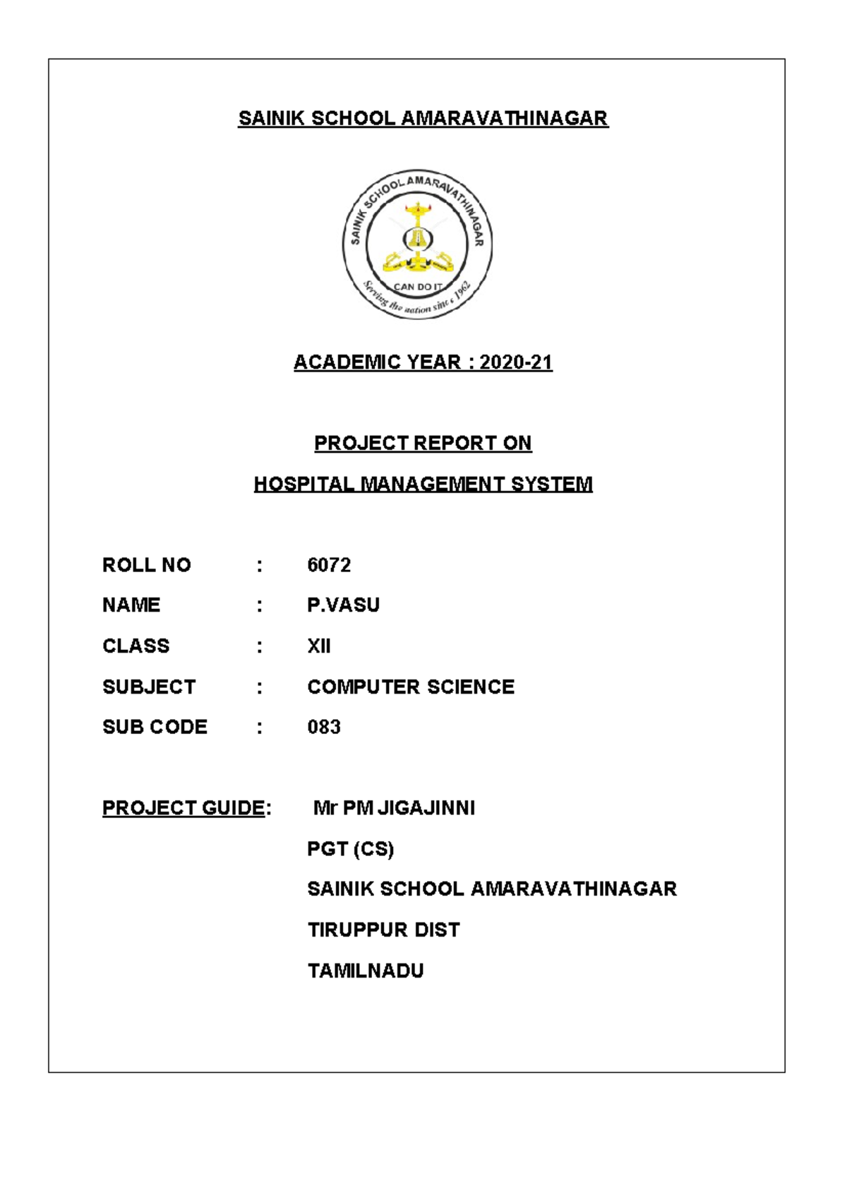 551360391 Hospital management code with output - SAINIK SCHOOL ...