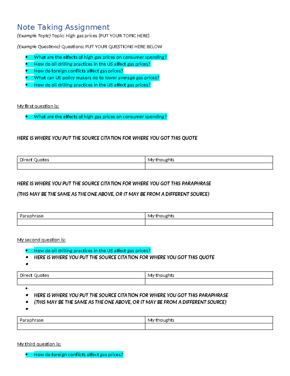 Note taking assignment - Note Taking Assignment (Example Topic) Topic ...