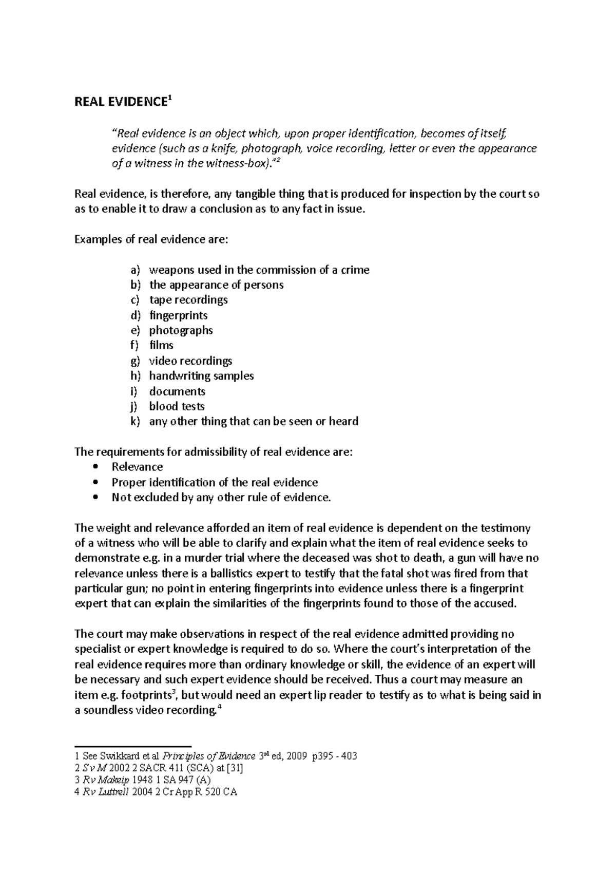 Evidence Lecture Notes: Real Evidence, Admissibility, & Examples - Studocu