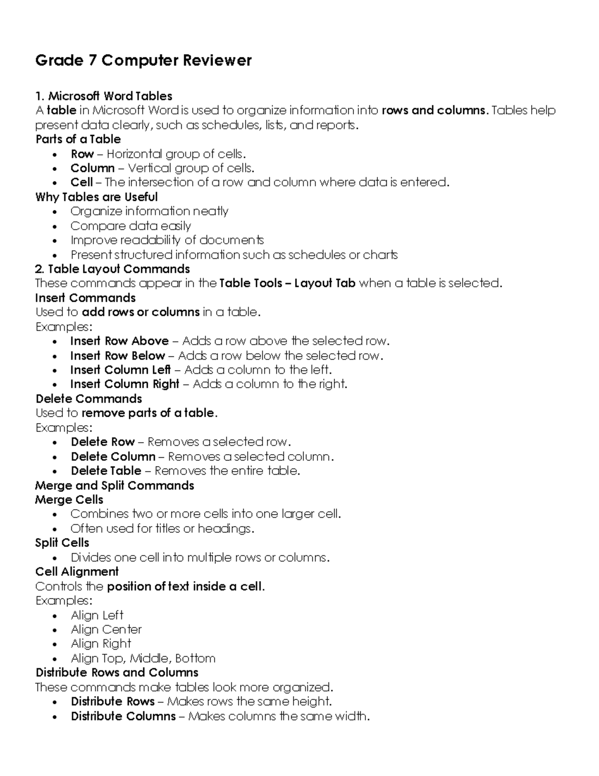 Grade 7 Computer Reviewer: Microsoft Word Tables & Layout Commands ...