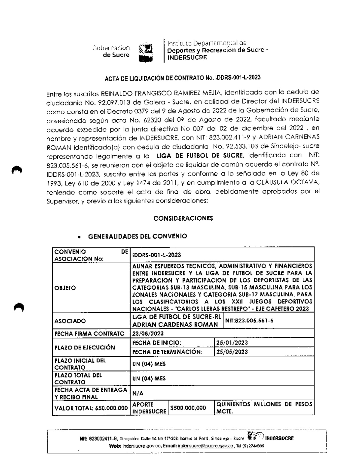 ACTA DE LIQUIDACIÓN DE CONTRATO Iddrs-001-L-2023 INDERSUCRE - Studocu
