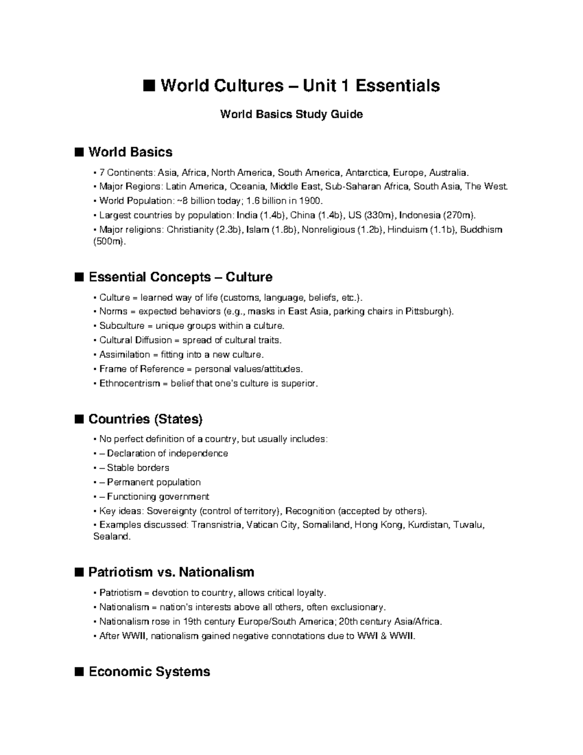 World Cultures – Unit 1 Essentials Study Guide - Studocu