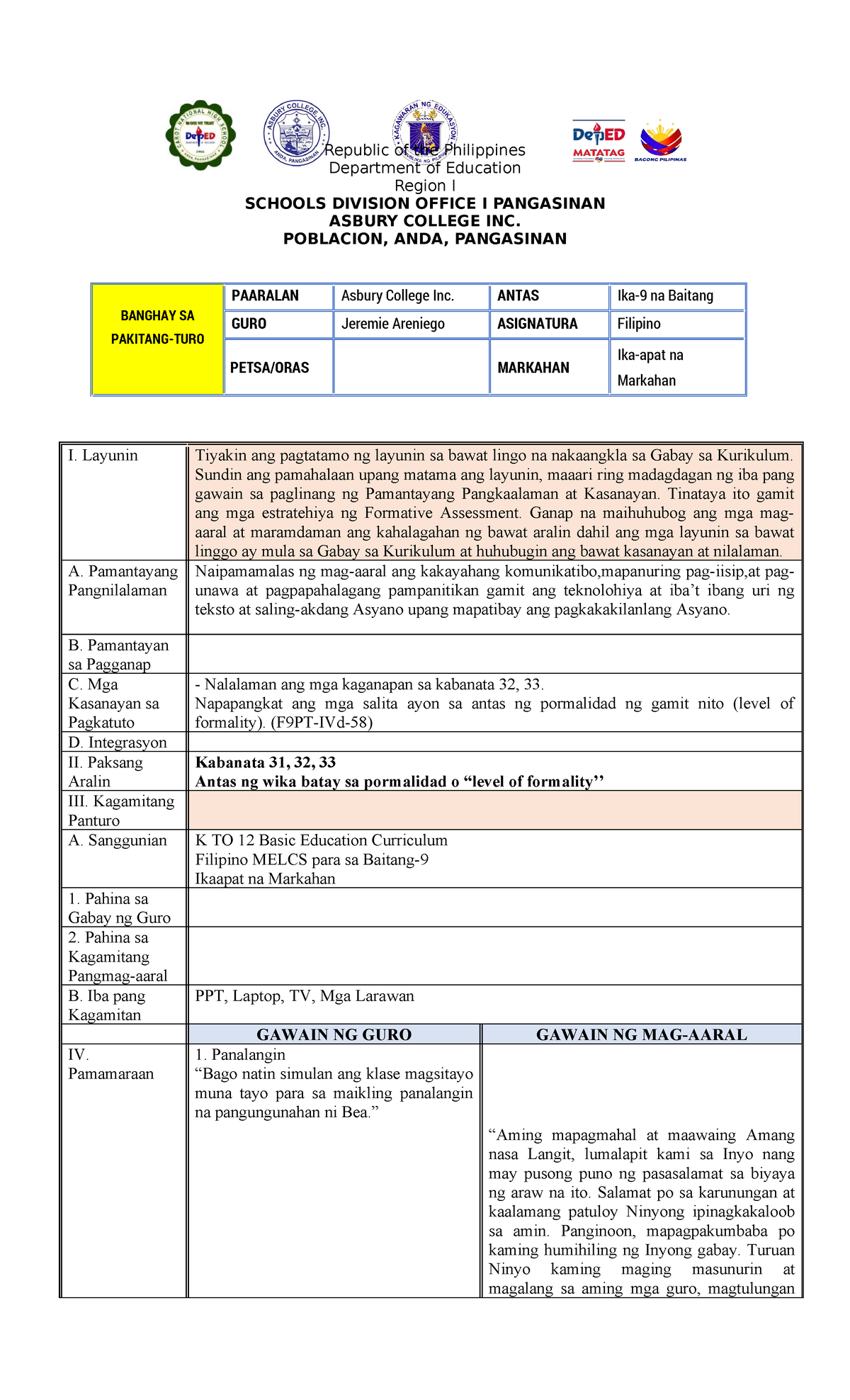 Final DEMO 9 March 20 - I. Layunin Tiyakin ang pagtatamo ng layunin sa ...