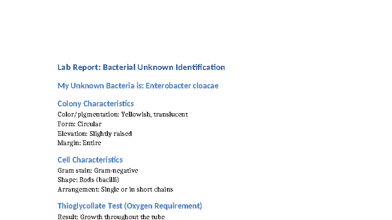 Enterobacter cloacae Lab Report - Lab Report: Bacterial Unknown ...