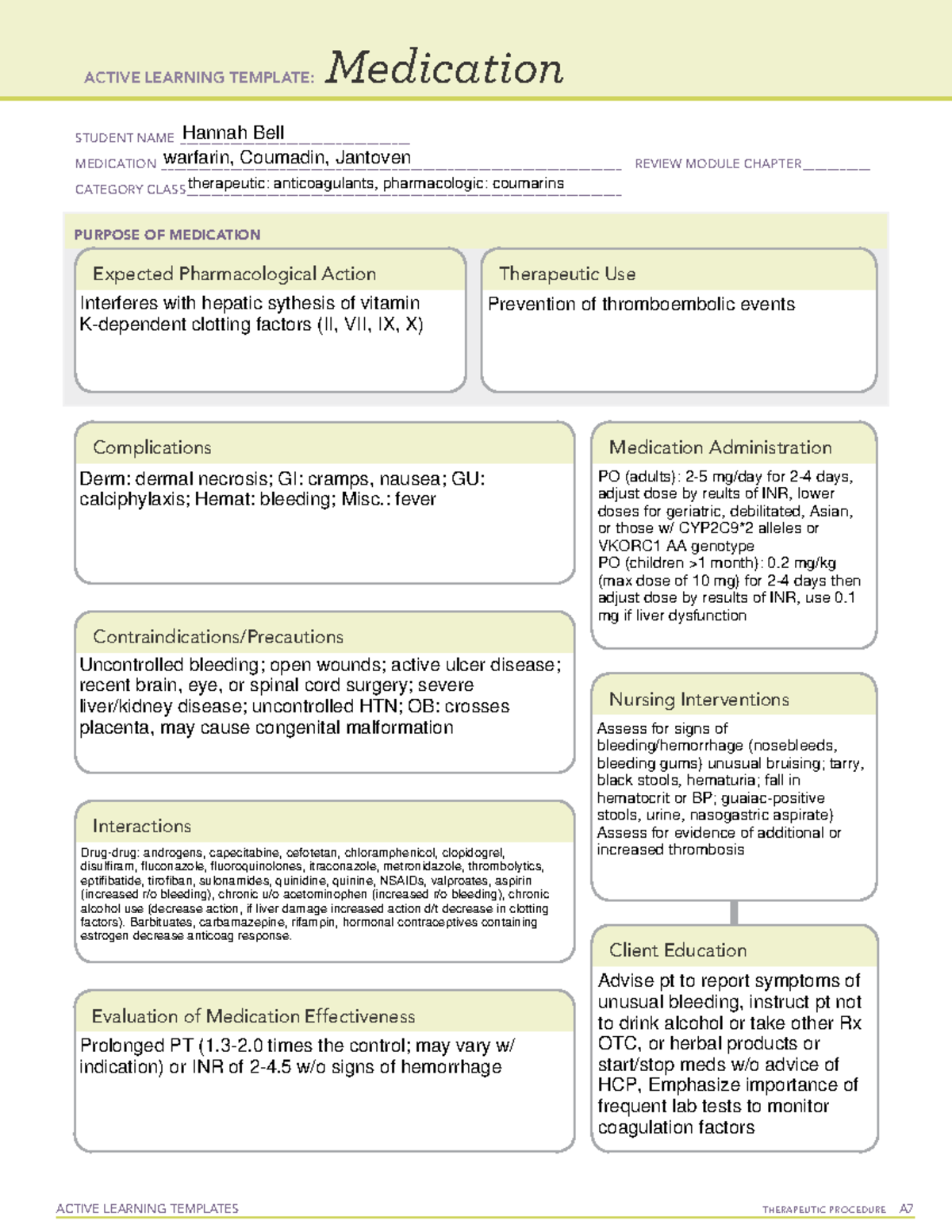Warfarin - ATI Therapeutic Medication Template (Nursing Guidelines ...