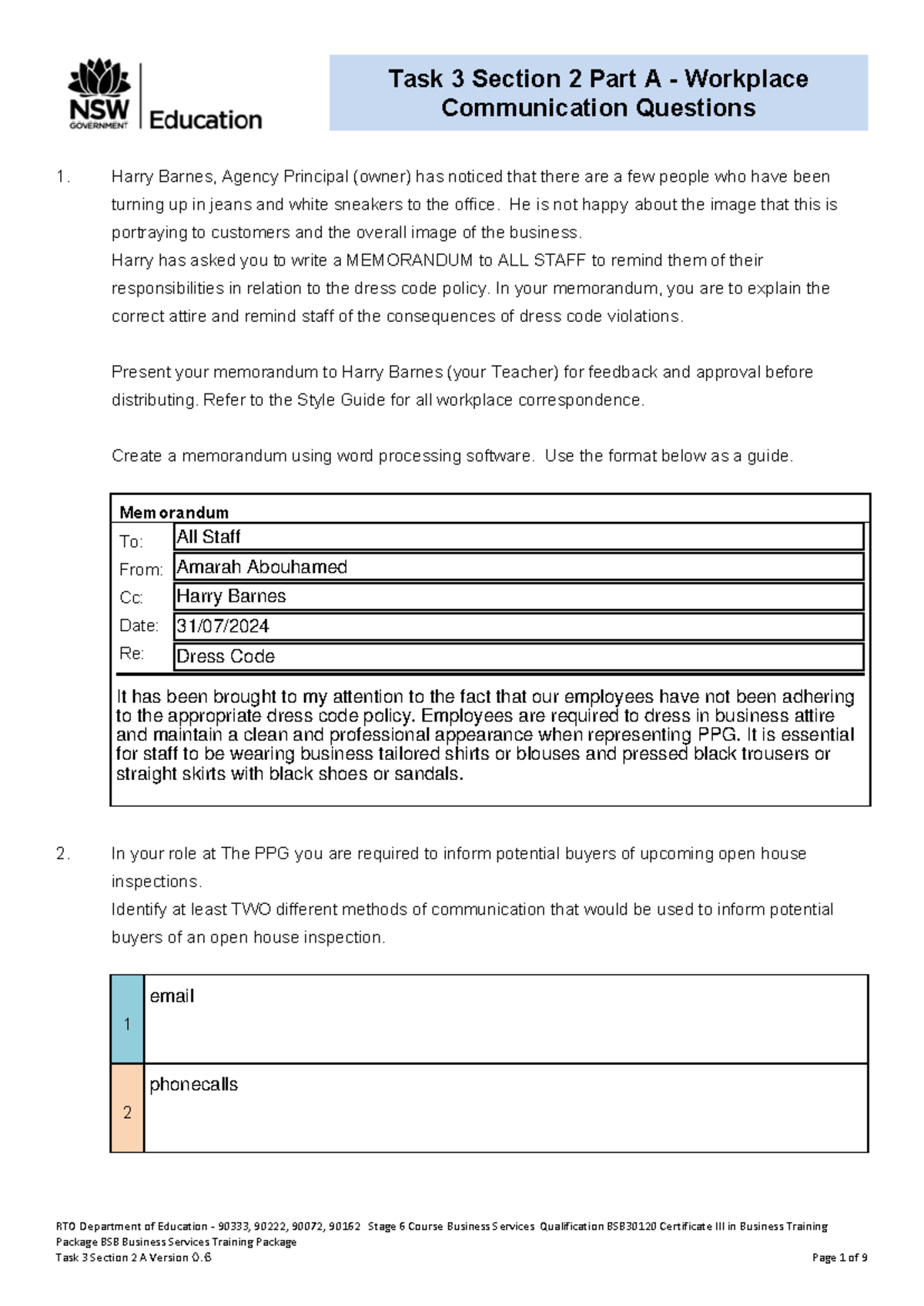 Task 3 Section 2 Part A - Communication in Workplace Scenarios ...