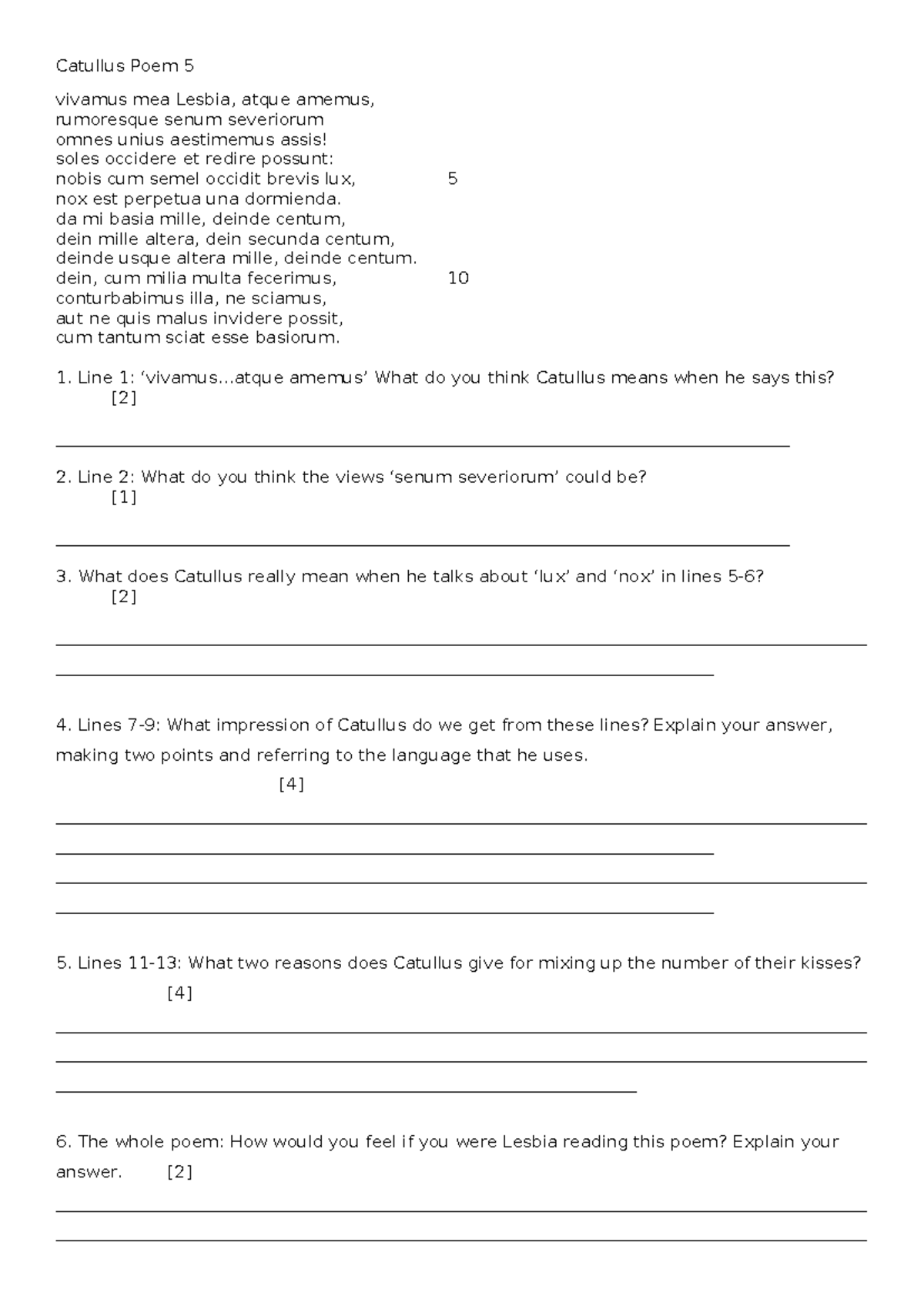 Catullus 5 Analysis Questions - Latin Literature Study Guide - Studocu