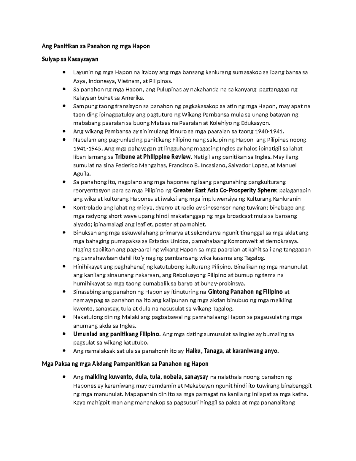 Panitikan ng Pilipinas sa Panahon ng mga Hapon: Isang Pagsusuri - Studocu