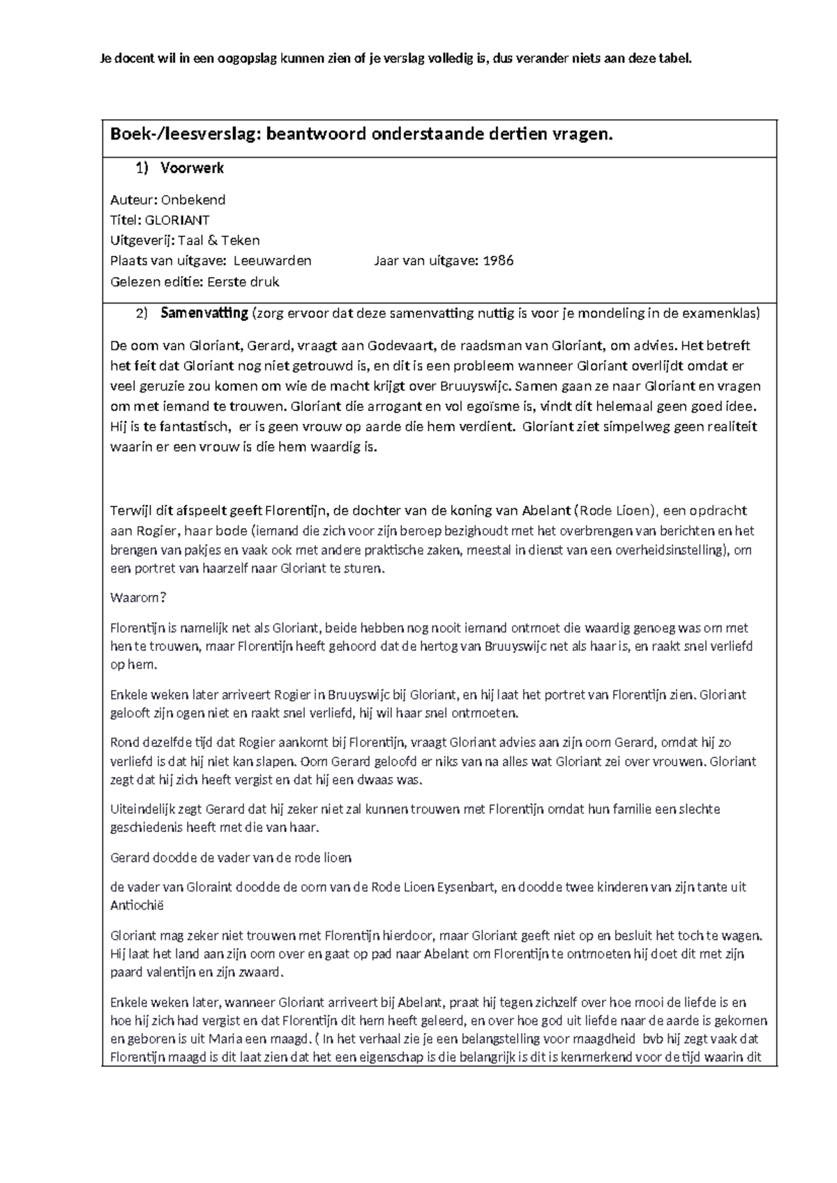 Boek-/leesverslag GLORIANT - Analyse en Samenvatting - Studeersnel