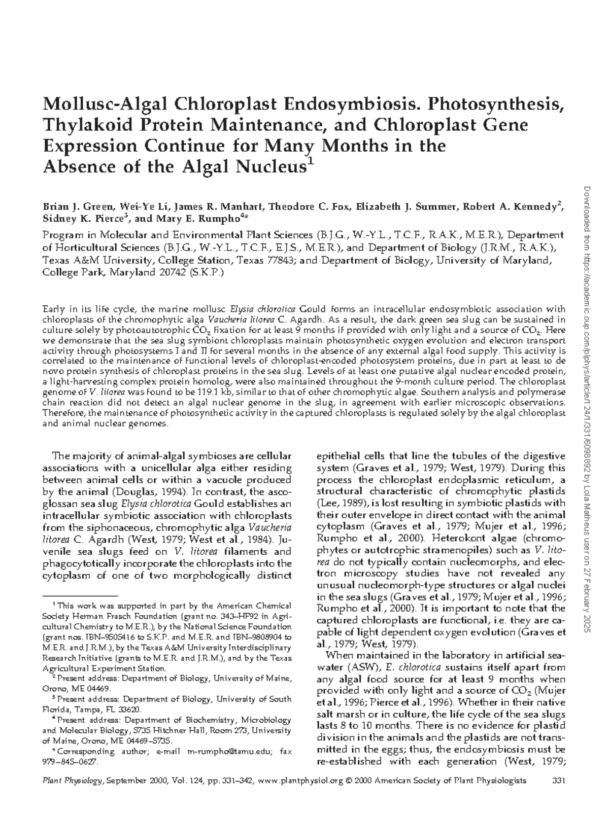 Mollusc-Algal Chloroplast Endosymbiosis - Photosynthesis, Thylakoid ...
