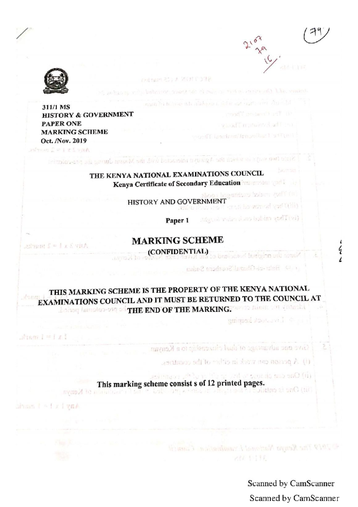 History & Government P1 MS 79 2107 KCSE 2019 Marking Scheme - Studocu