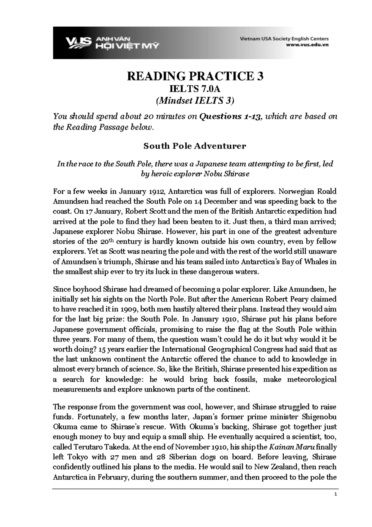 Mindset IELTS 7.0A Reading Practice 3: South Pole Adventure - Studocu