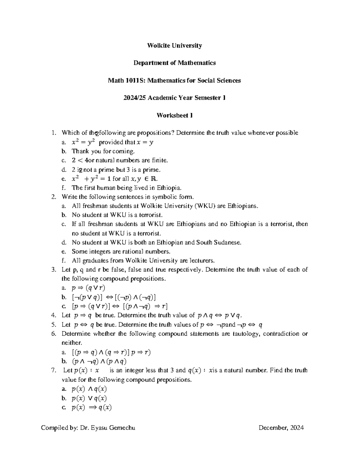 Math 1011 Worksheet - Wolkite University Department of Mathematics Math 1011S: Mathematics for ...