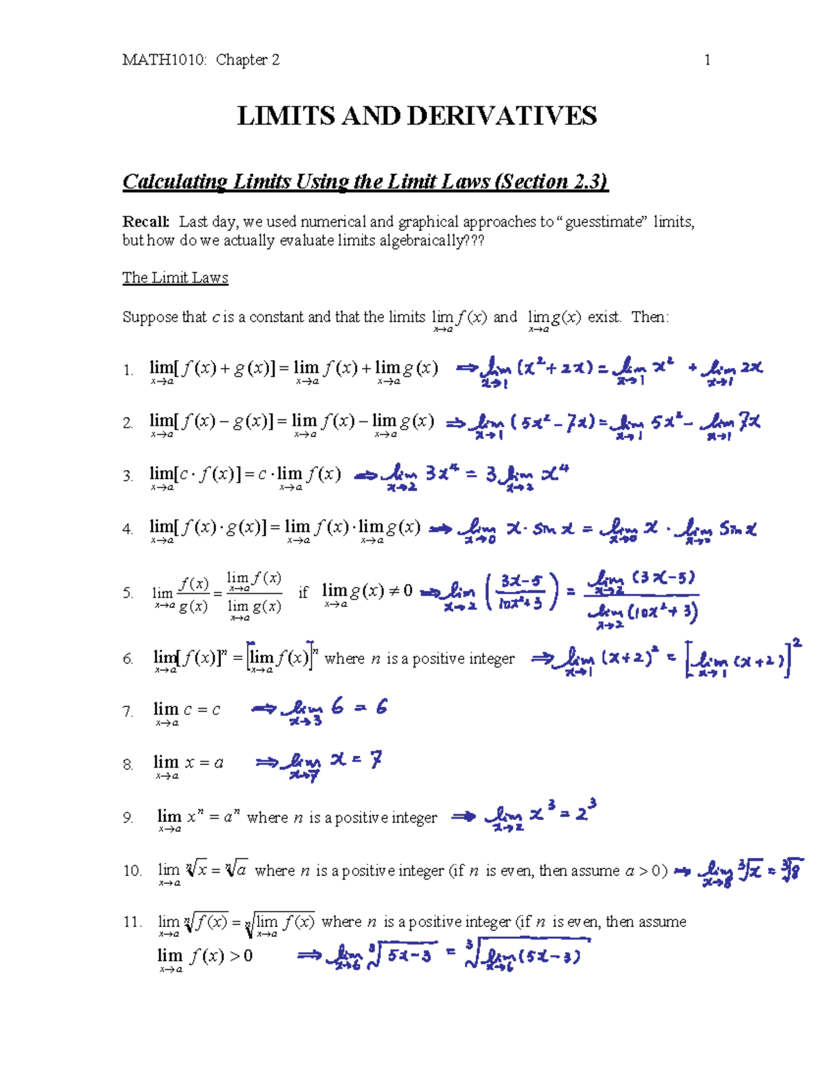 MATH1010: Lecture 2 - Limits and Derivatives Overview - Studocu