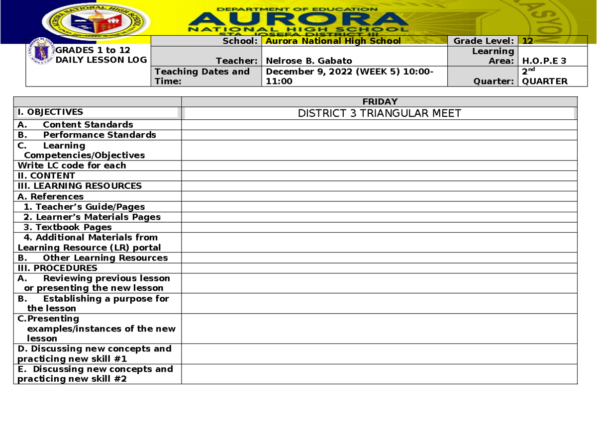 DLL HOPE3 Q2 W5 - Daily Lesson Log for Grade 12 - Studocu