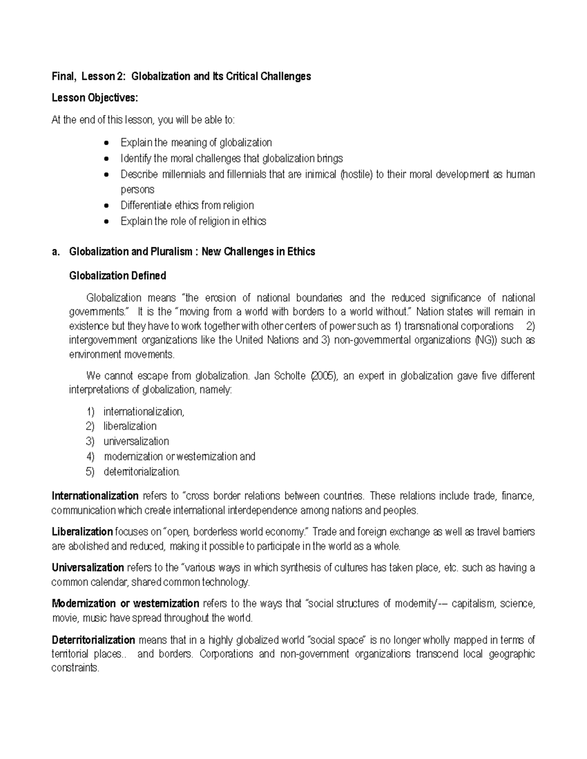 Final Exam: Lesson 2 - Globalization and Its Ethical Challenges - Studocu