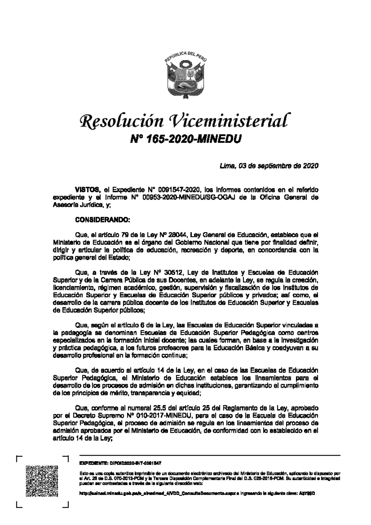 RVM N 165-2020- Minedu - REPUBLICA DEL PERU Resolución Viceministerial Lima, 03 de septiembre de ...
