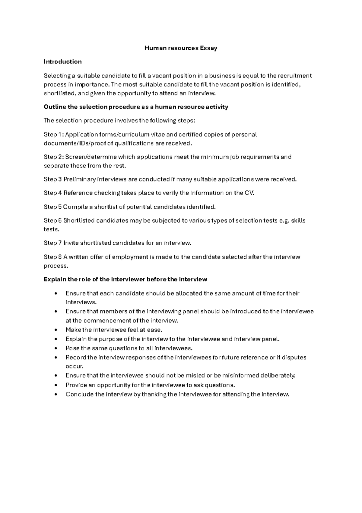 HR 101: Essay on Candidate Selection Process and Interviewing Techniques - Studocu