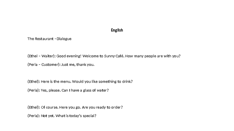 English Dialog: Restaurant Interaction (Quiz) - Studocu