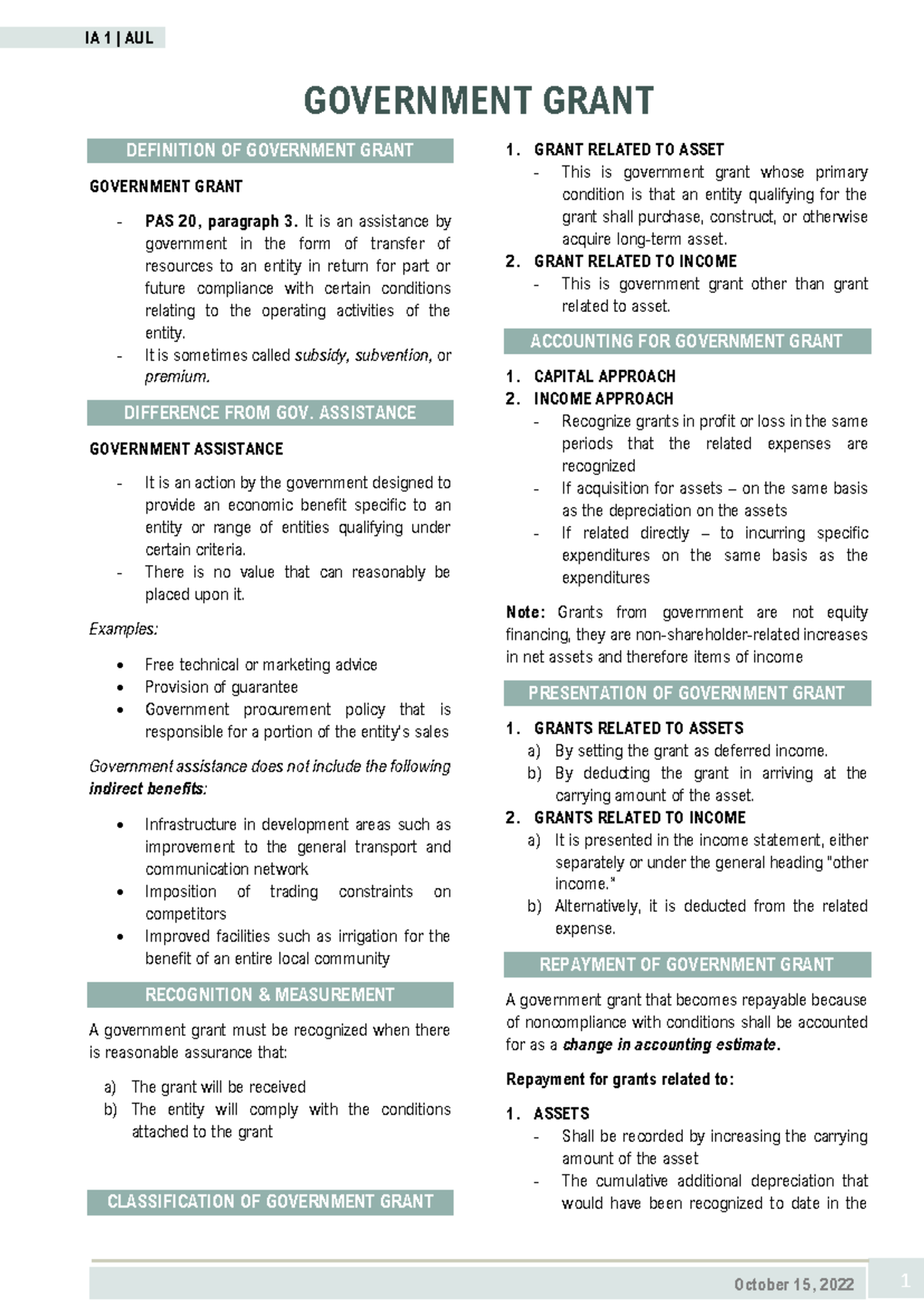 Government Grant Overview - Intermediate Accounting 1 (IA 1) - Studocu