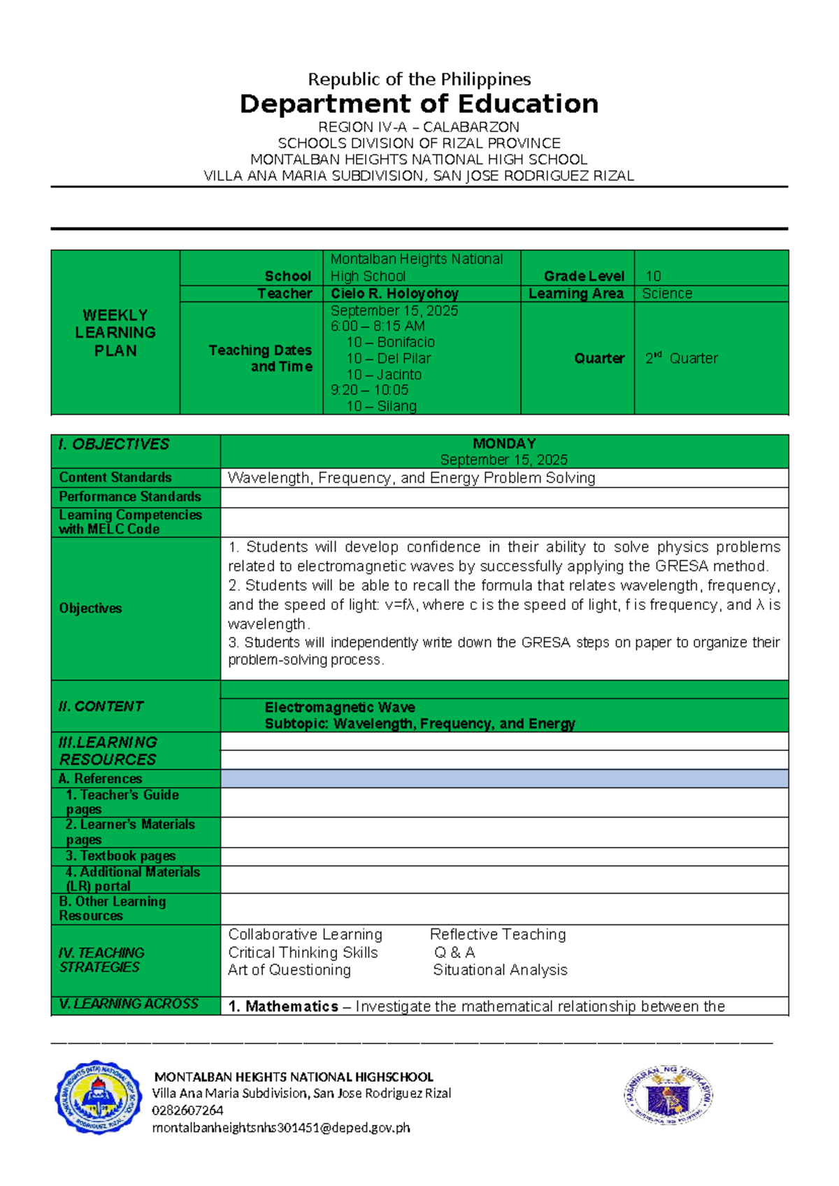 10 Science Weekly Learning Plan: Electromagnetic Waves & GRESA Method ...