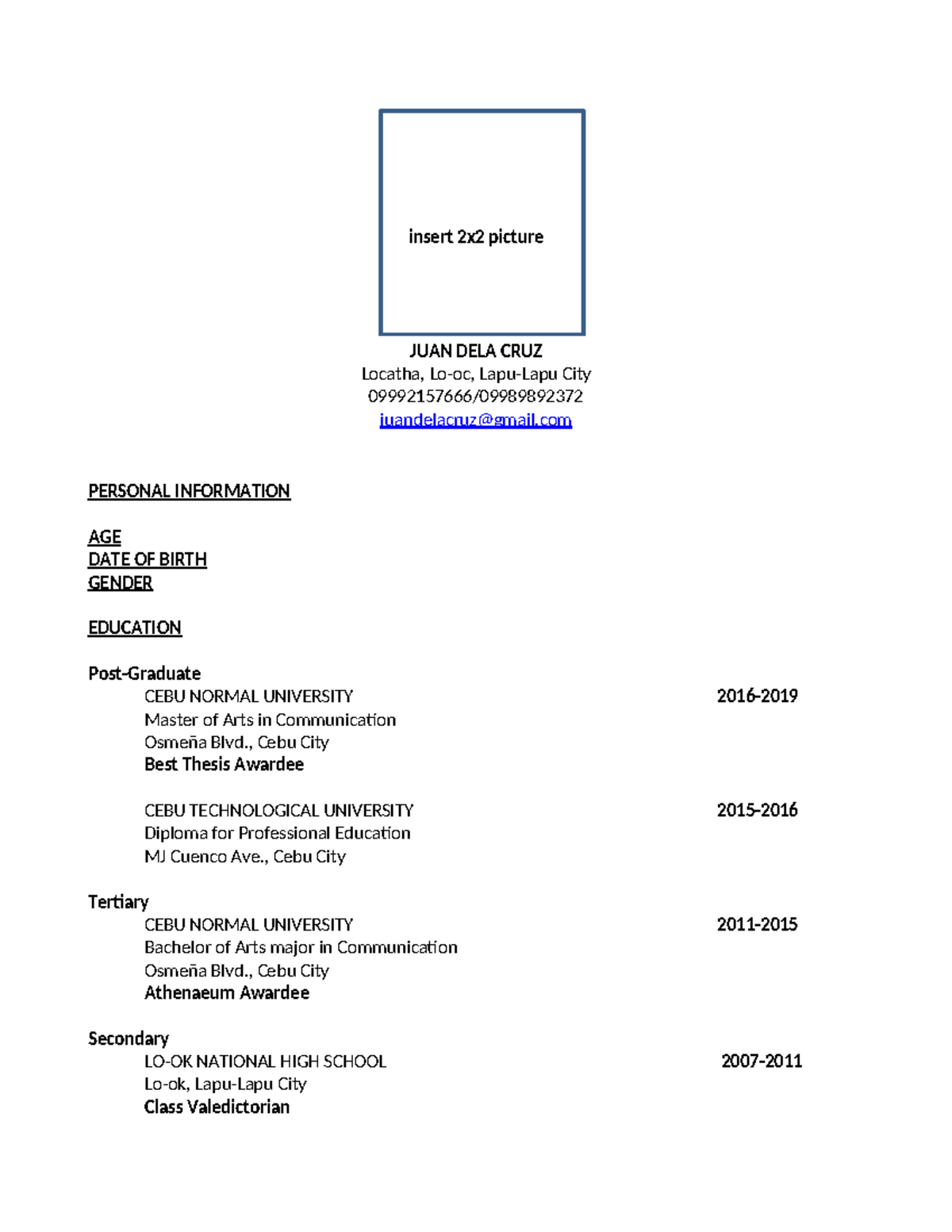 CNU 2023 Sample Resume of JUAN DELA CRUZ: Personal & Professional Info ...