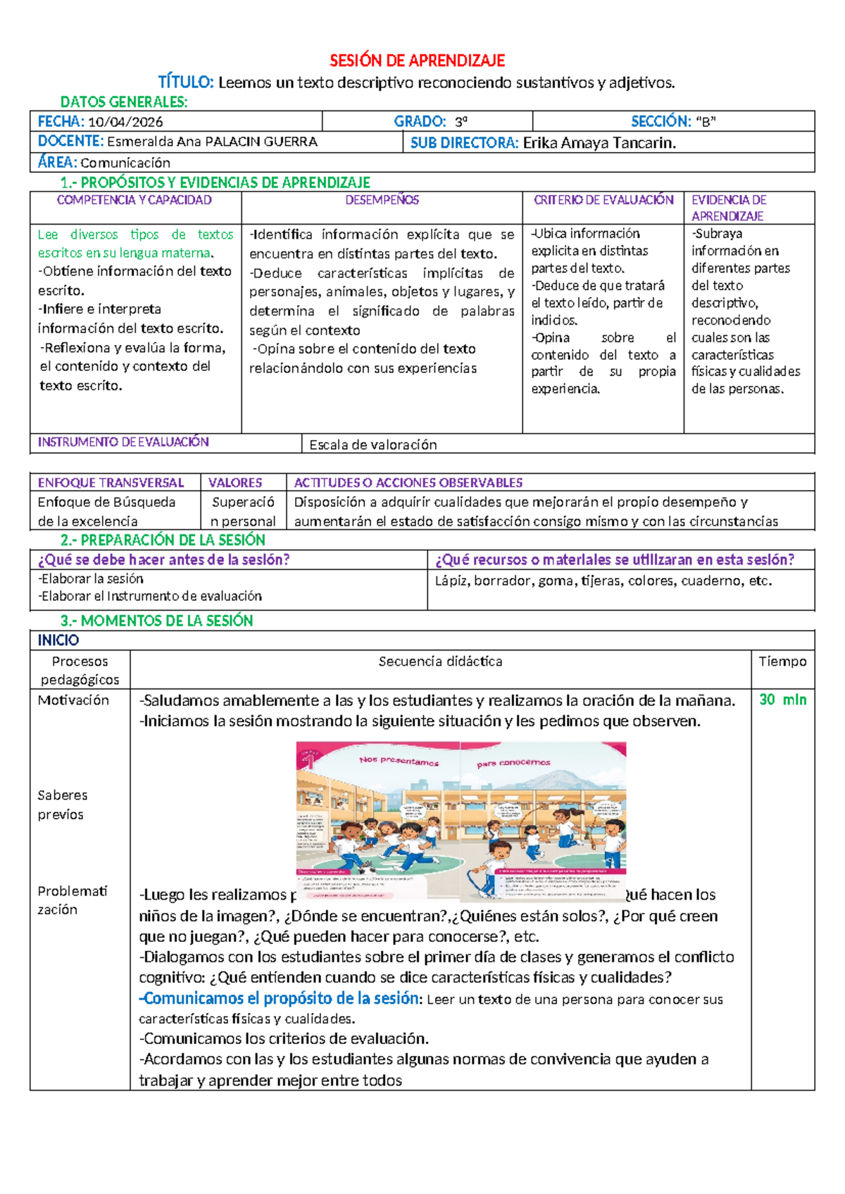 SESIÓN DE APRENDIZAJE: Reconocimiento de Sustantivos y Adjetivos en ...
