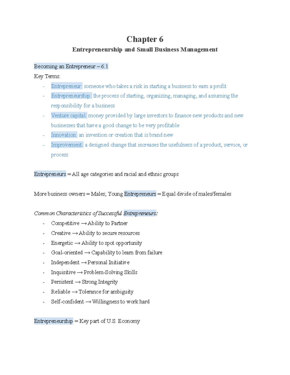 Chapter 6 Notes - Chapter 6 Entrepreneurship and Small Business ...