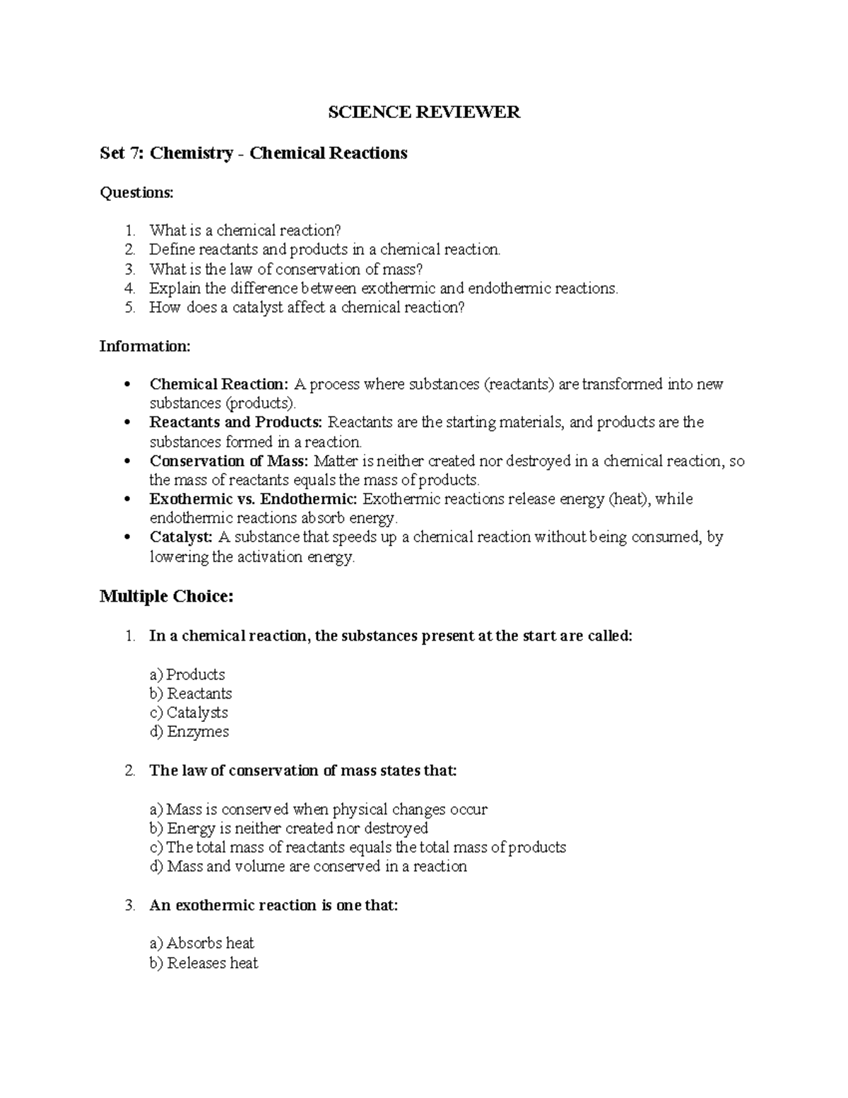 Chemistry Review Set 7: Understanding Chemical Reactions - Studocu