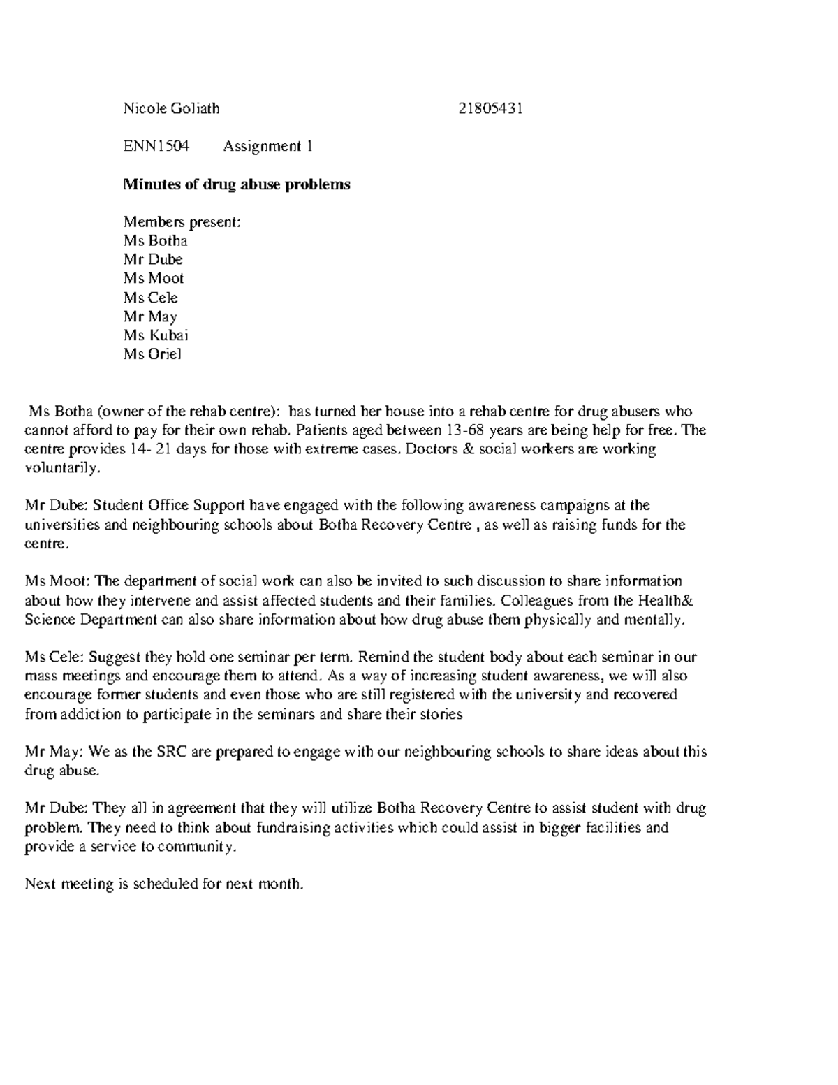 ENN1504 Assignment 1: Minutes on Drug Abuse Awareness Initiatives - Studocu