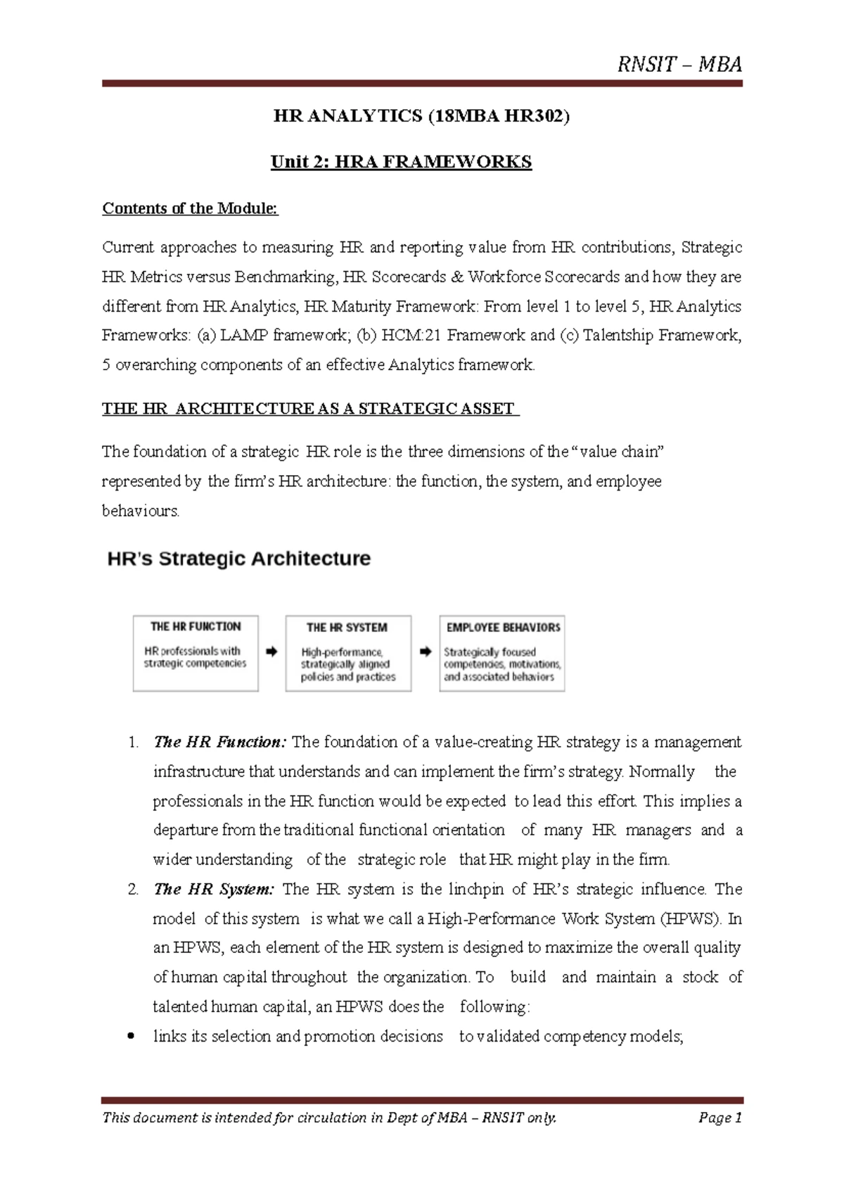 HRA UNIT 2 - HR ANALYTICS (18MBA HR302) Unit 2: HRA FRAMEWORKS Contents of the Module: Current ...