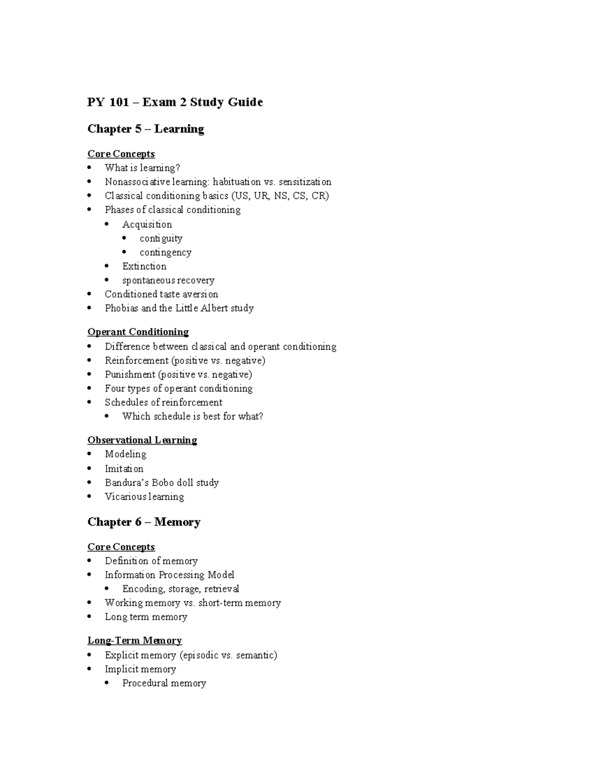 PY 101 – Exam 2 Study Guide: Learning, Memory & Intelligence Concepts - Studocu