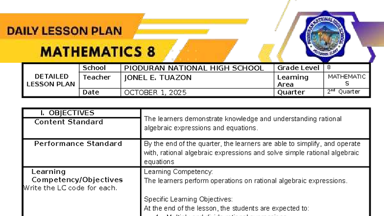 Q2-DLP6-a: Detailed Lesson Plan on Rational Expressions for Math 8 ...
