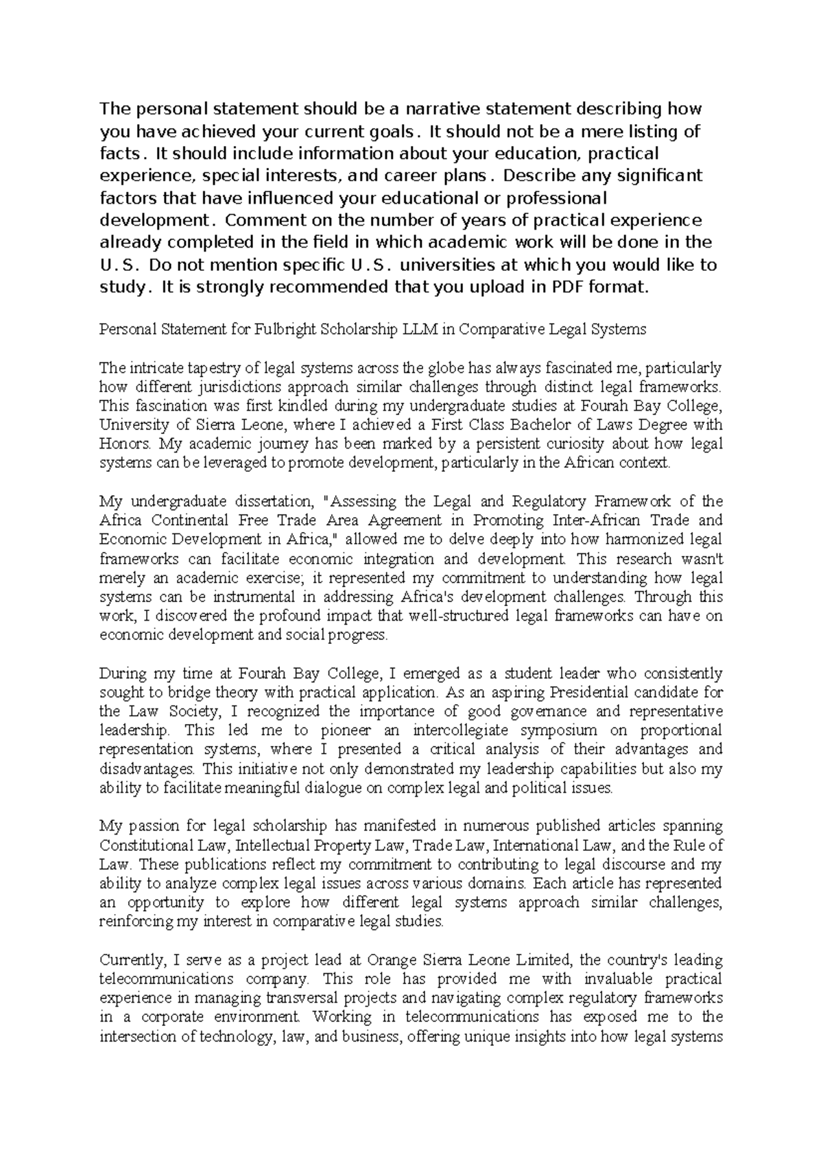 Personal Statement for Fulbright Scholarship: LLM in Comparative Legal ...