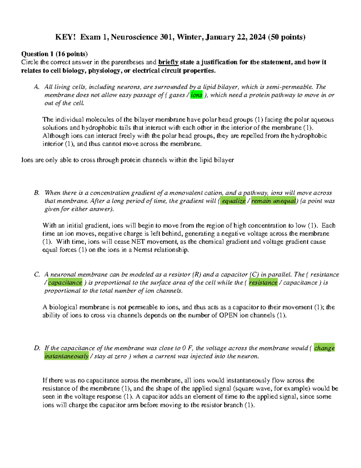 Exam 1 Questions and Answers for Neuroscience 301, Winter 2024 - KEY ...